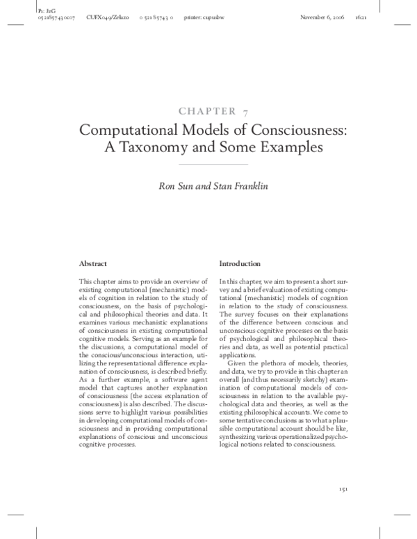 (PDF) Computational models of consciousness: A taxonomy and some examples