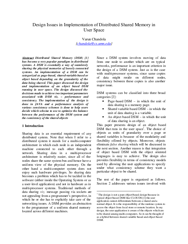 Pdf Design Issues In Implementation Of Distributed Shared Memory In User Space