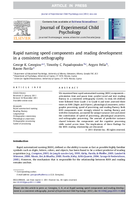 Pdf Rapid Naming Speed Components And Reading Development