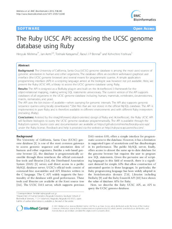 Pdf The Ruby Ucsc Api Accessing The Ucsc Genome Database Using Ruby