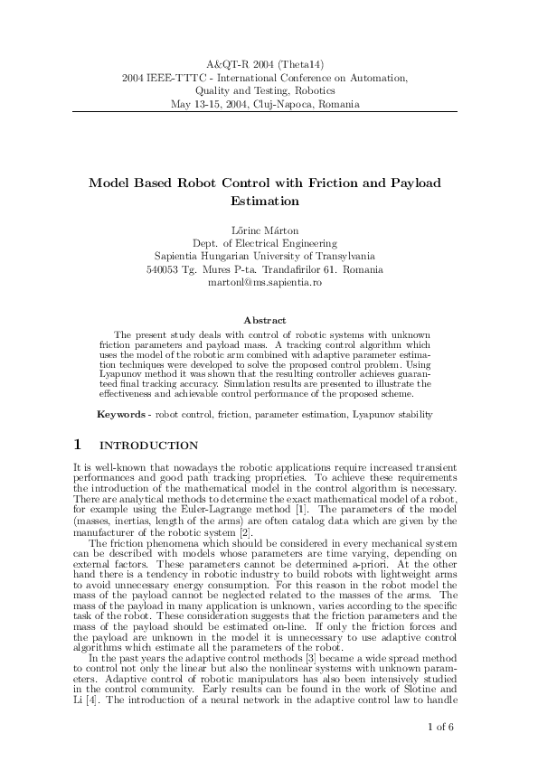 (PDF) Model Based Robot Control with Friction and Payload Estimation