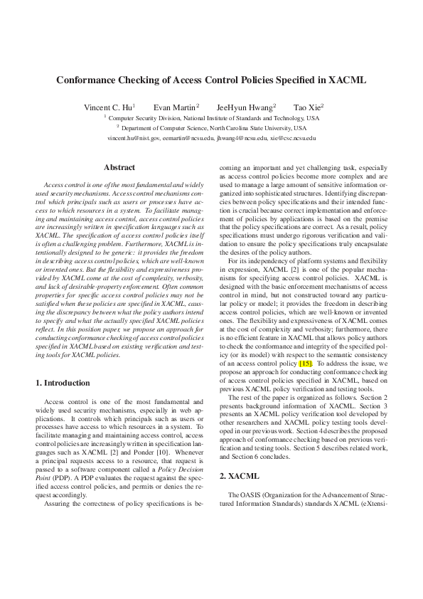 (PDF) Conformance checking of access control policies specified in XACML