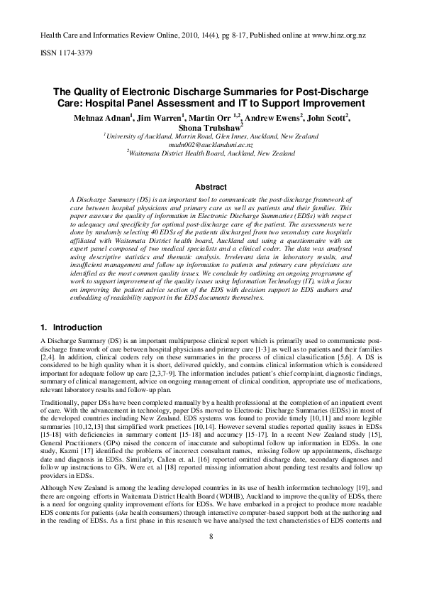 (PDF) The Quality of Electronic Discharge Summaries for Post-Discharge ...