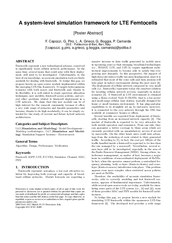 Pdf A System Level Simulation Framework For Lte Femtocells