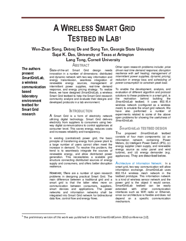 Pdf A Wireless Smart Grid Testbed In Lab