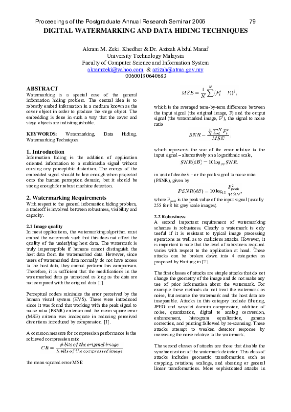 (PDF) Digital watermarking and data hiding techniques