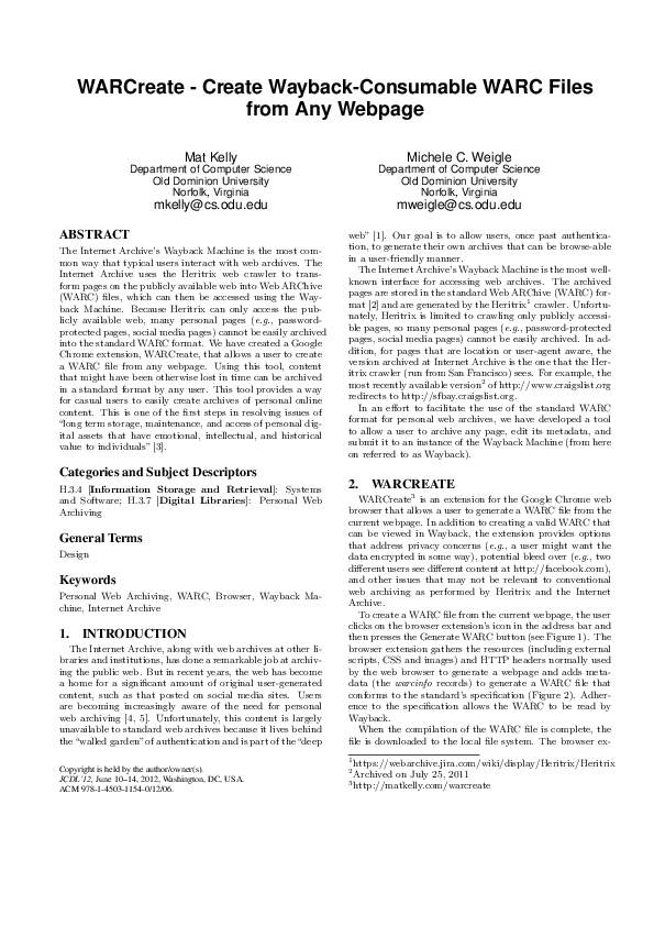 (PDF) WARCreate: create wayback-consumable WARC files from any webpage