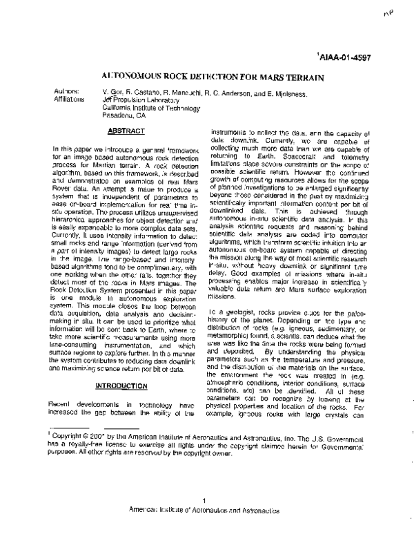 Pdf Autonomous Rock Detection For Mars Terrain