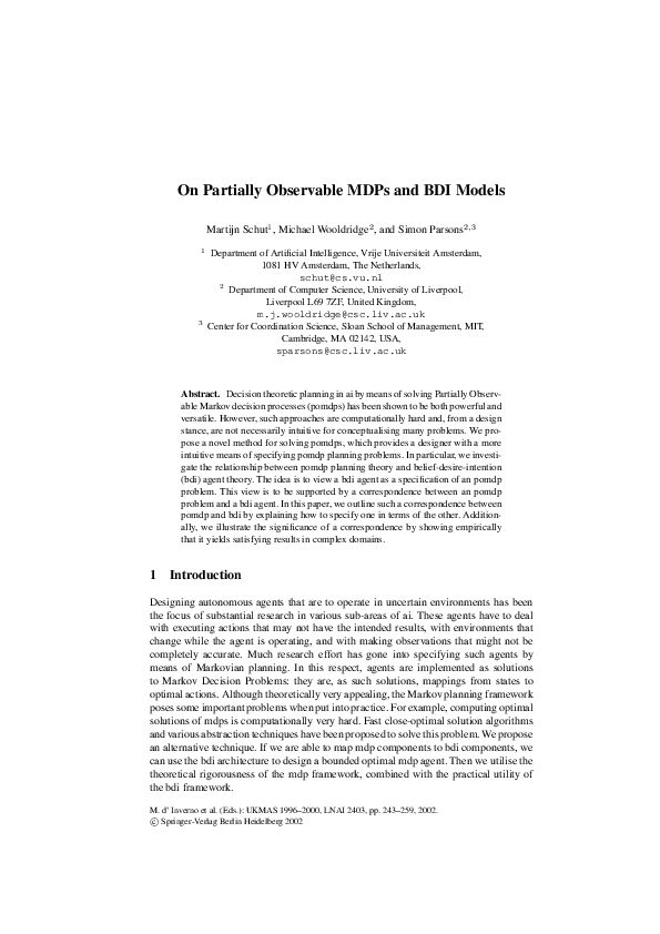 (PDF) On partially observable MDPs and BDI models