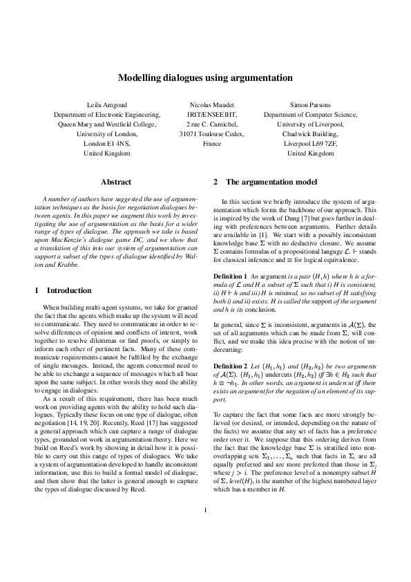 (PDF) Modelling dialogues using argumentation