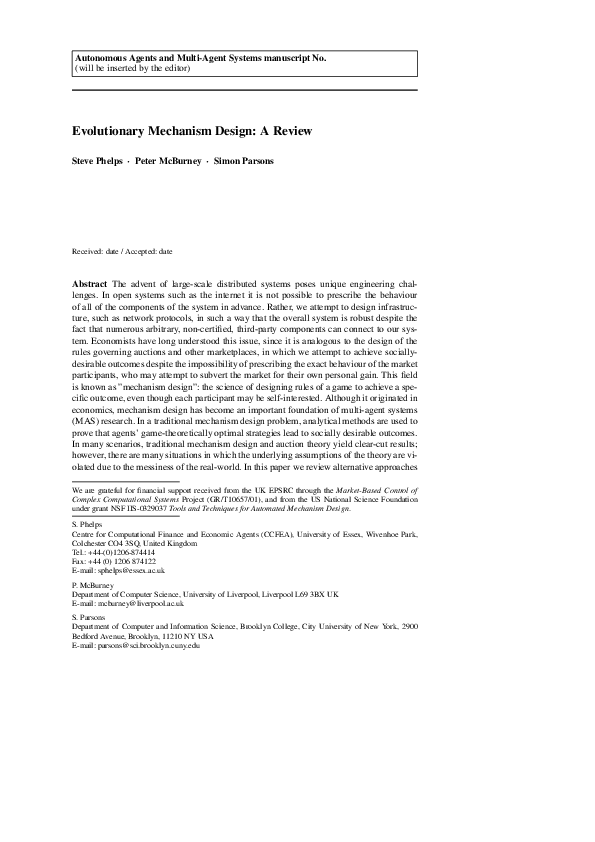 (PDF) Evolutionary mechanism design: a review