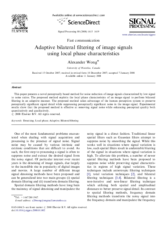 Pdf Adaptive Bilateral Filtering Of Image Signals Using Local Phase