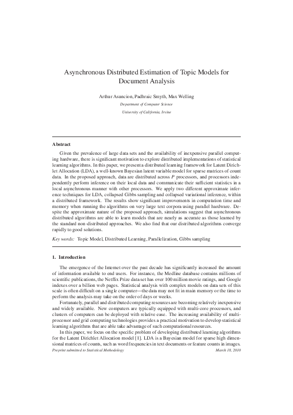 Pdf Asynchronous Distributed Estimation Of Topic Models For Document Analysis Max Welling 