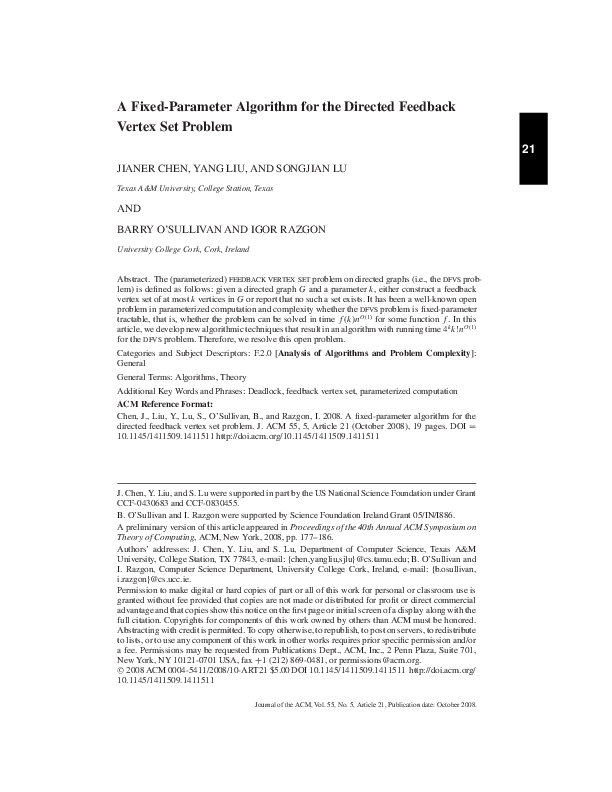 Pdf A Fixed Parameter Algorithm For The Directed Feedback Vertex Set Problem