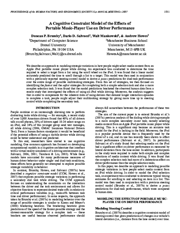 (PDF) A cognitive constraint model of the effects of portable music-player use on driver performance