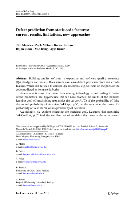 Pdf Defect Prediction From Static Code Features Current Results Limitations New Approaches