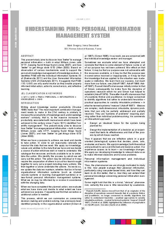 (PDF) UNDERSTANDING PIMS: PERSONAL INFORMATION MANAGEMENT SYSTEM