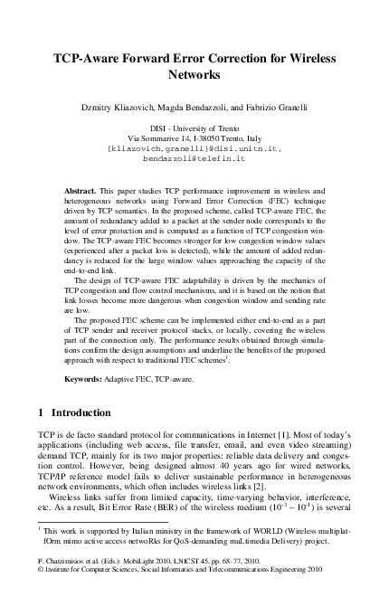 (PDF) TCP-Aware Forward Error Correction for Wireless Networks