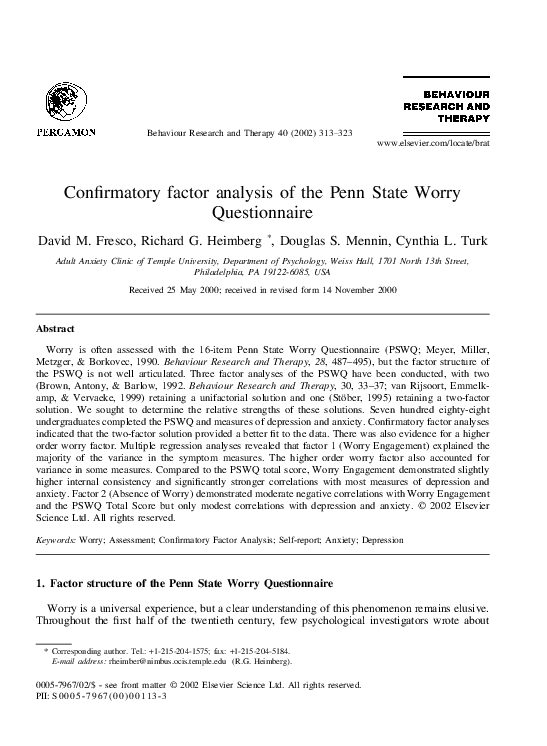 (PDF) Confirmatory factor analysis of the Penn State Worry Questionnaire