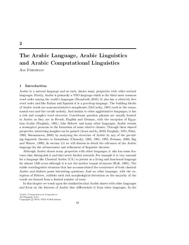 (PDF) The Arabic Language, Arabic Linguistics and Arabic Computational Linguistics