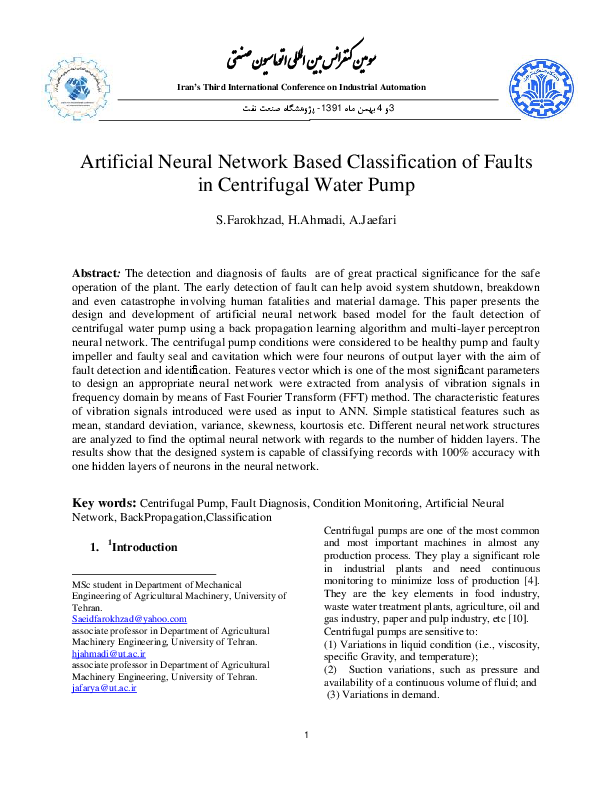 (PDF) Artificial Neural Network Based Classification of Faults in Centrifugal Water Pump