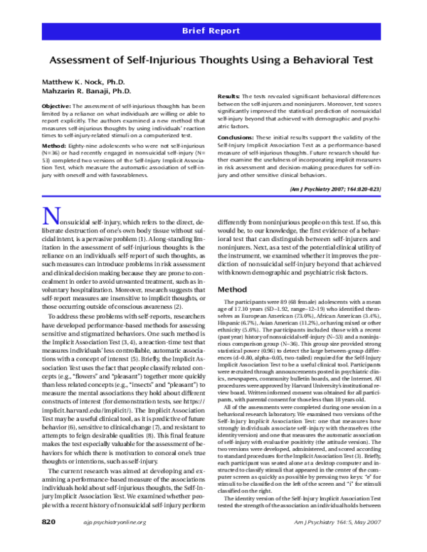 (PDF) Assessment of Self-Injurious Thoughts Using a Behavioral Test
