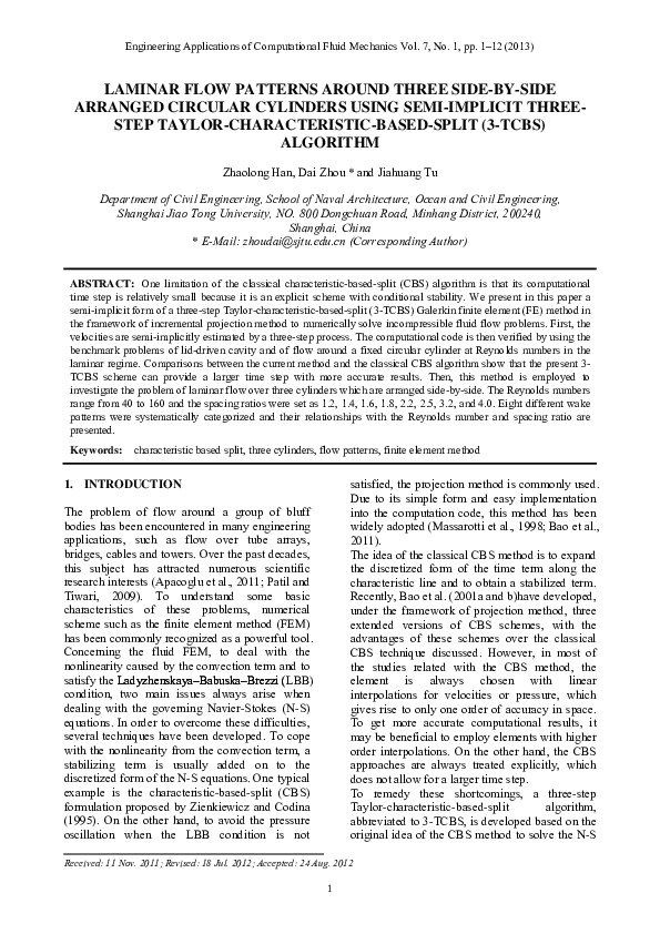 (PDF) Laminar Flow Patterns around Three Side-By-Side Arranged Circular Cylinders Using Semi ...