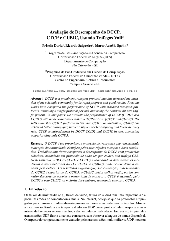 (PDF) Avaliaç ao de Desempenho do DCCP, CTCP e CUBIC, Usando Tráfegos VoIP