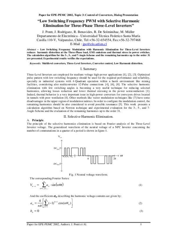 Low Switching Frequency PWM with Selective Harmonic Elimination for Three-Phase Three-Level ...