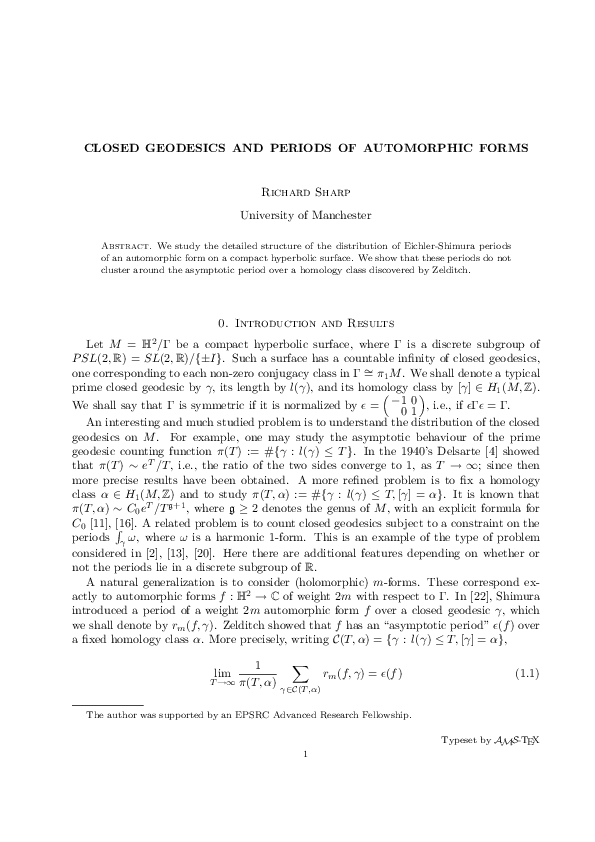 (PDF) Closed geodesics and periods of automorphic forms