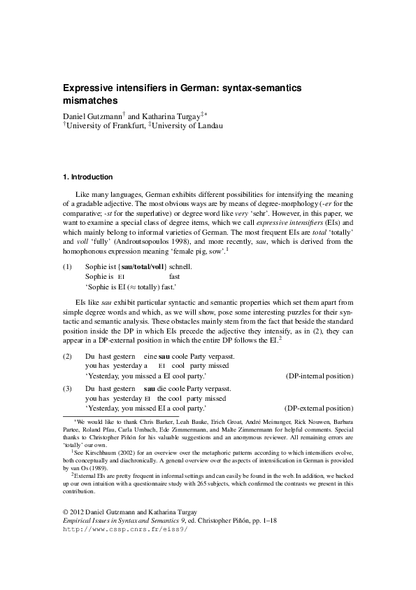 (PDF) Expressive intensifiers in German: syntax-semantics mismatches