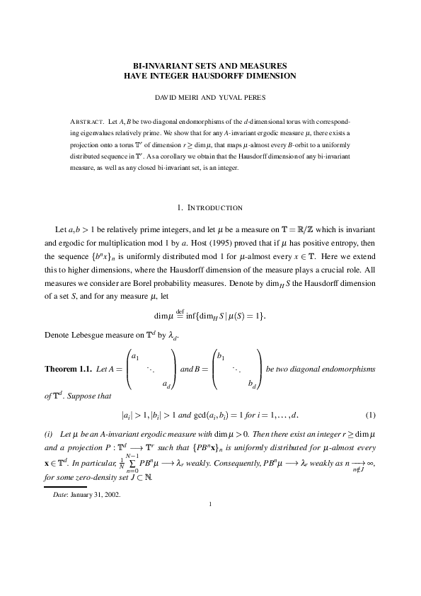 (PDF) Bi-invariant sets and measures have integer Hausdorff dimension