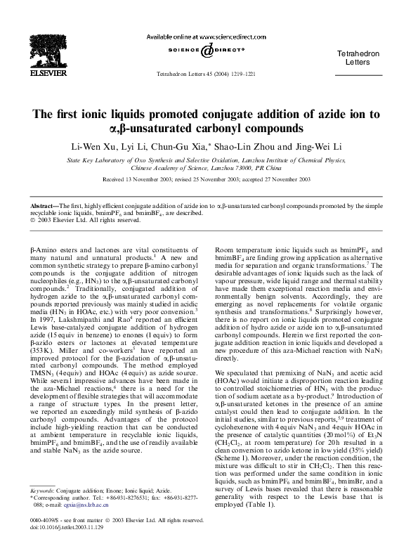 (PDF) The first ionic liquids promoted conjugate addition of azide ion ...