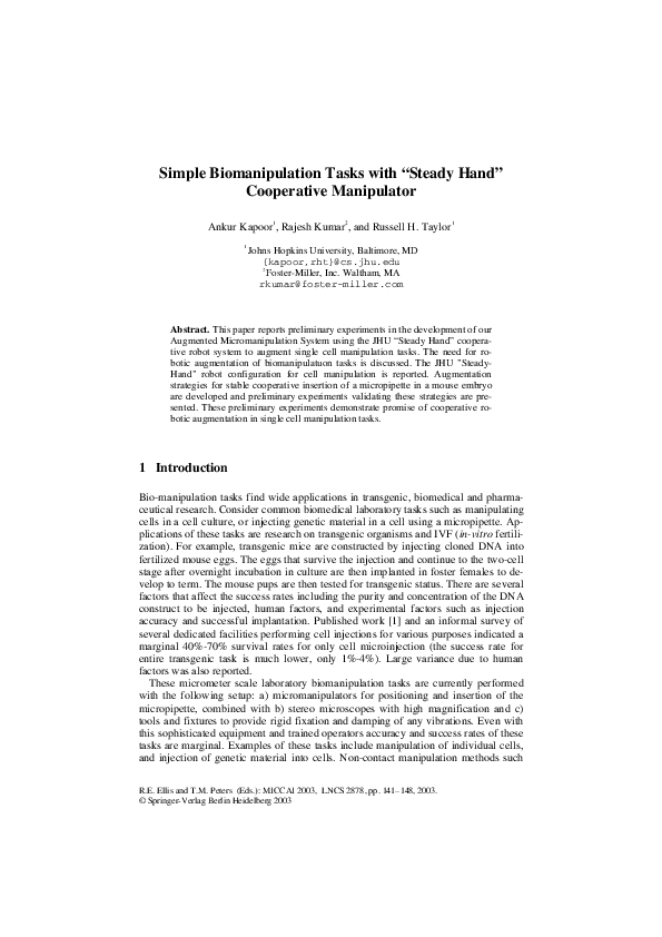 (PDF) Simple Biomanipulation Tasks with "Steady Hand" Cooperative ...