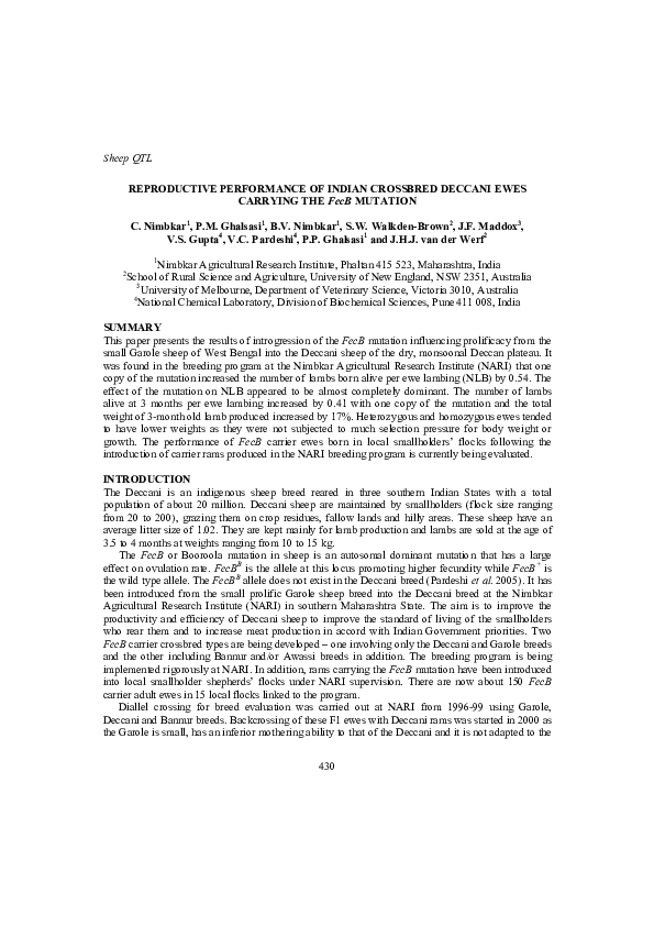 (PDF) Reproductive performance of Indian crossbred Deccani ewes carrying the FecB mutation