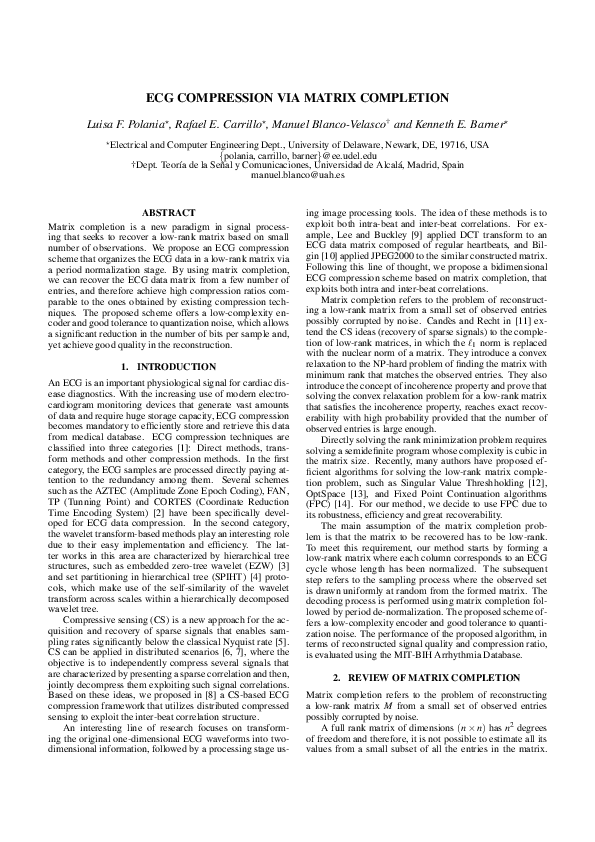 (PDF) ECG COMPRESSION VIA MATRIX COMPLETION