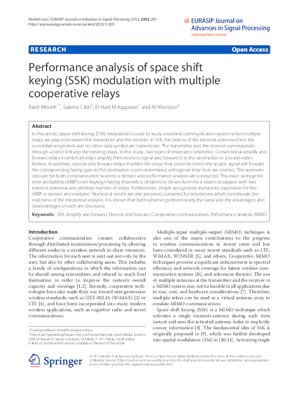 (PDF) Performance analysis of space shift keying (SSK) modulation with ...