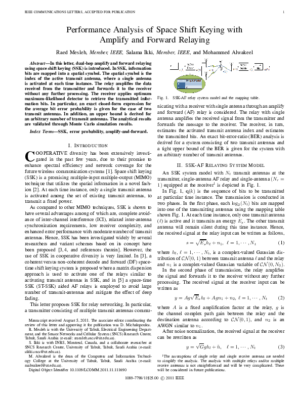 Pdf Performance Analysis Of Space Shift Keying With Amplify And Forward Relaying