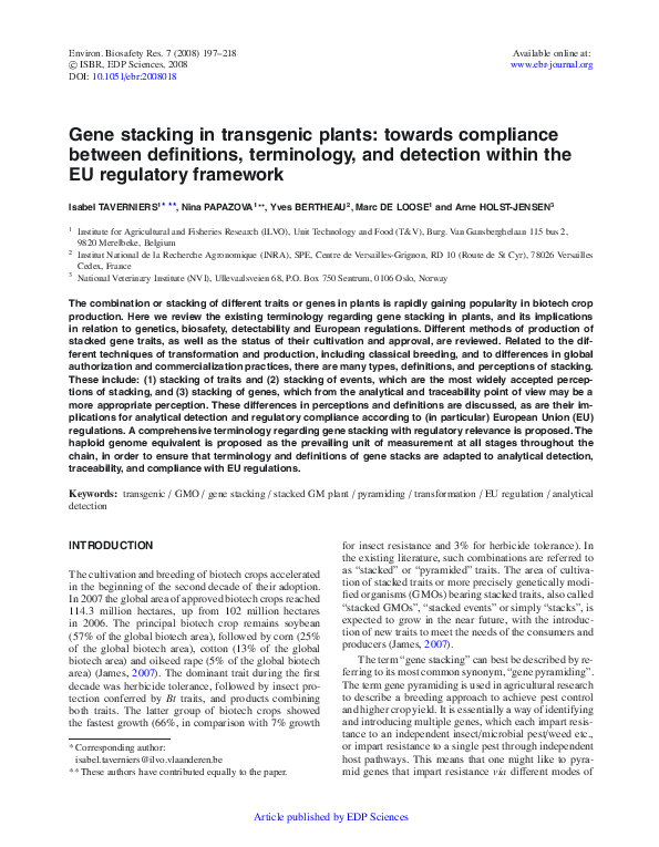 (PDF) Gene stacking in transgenic plants: towards compliance between ...