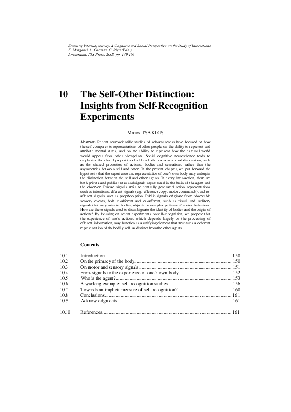 (PDF) 10 The Self-Other Distinction: Insights from Self-Recognition ...