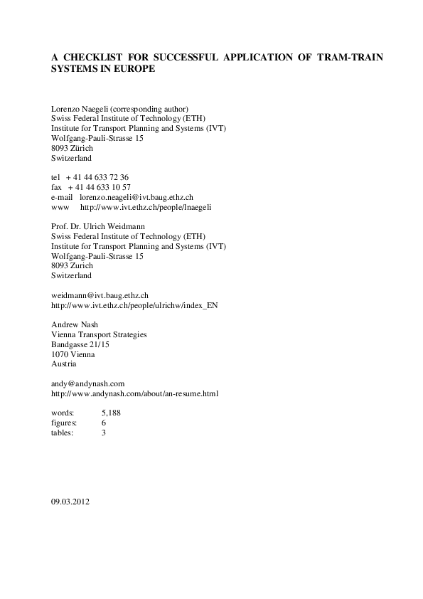 (PDF) Checklist for Successful Application of Tram-Train Systems in Europe