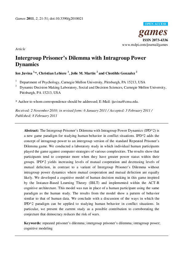 (PDF) Intergroup prisoner’s dilemma with intragroup power dynamics