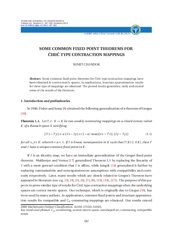 Pdf Some Common Fixed Point Theorems For Ciric Type Contraction Mappings 