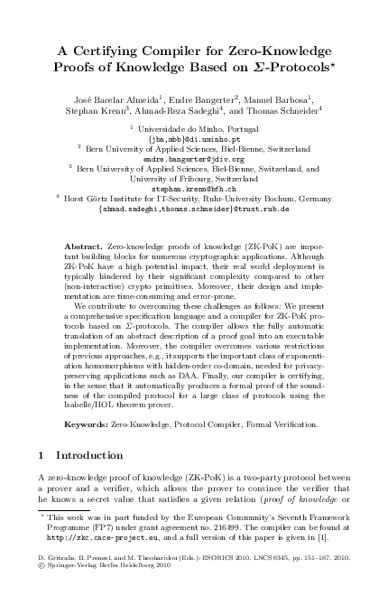 Pdf A Certifying Compiler For Zero Knowledge Proofs Of Knowledge Based On Σ Protocols Manuel