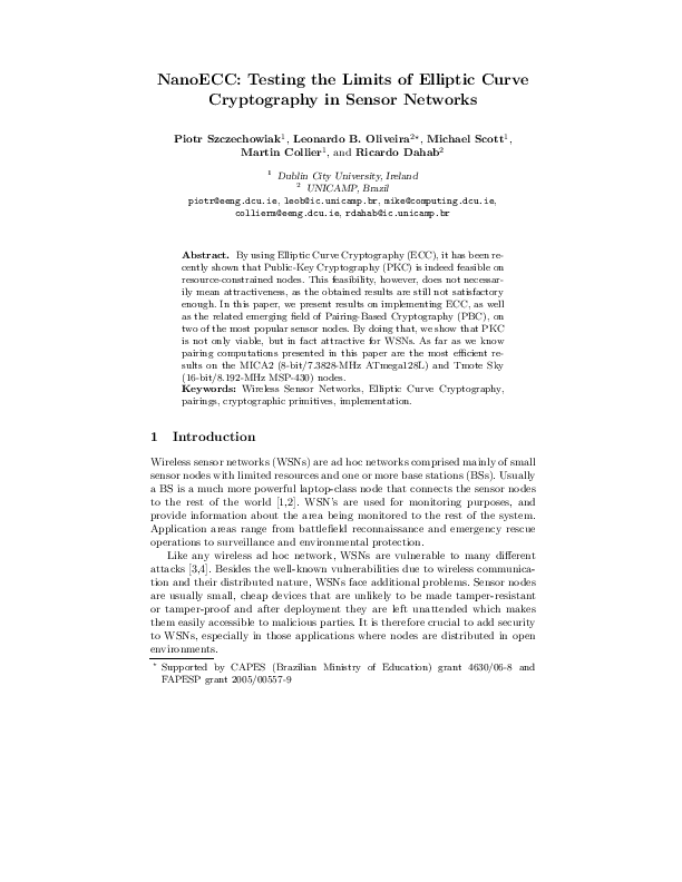 Pdf Nanoecc Testing The Limits Of Elliptic Curve Cryptography In Sensor Networks