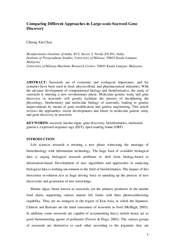(PDF) Comparing Different Approaches in Large-Scale Seaweed Gene Discovery