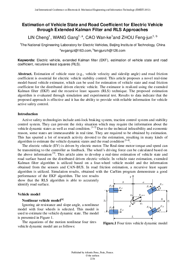 (PDF) Estimation of Vehicle State and Road Coefficient for Electric ...