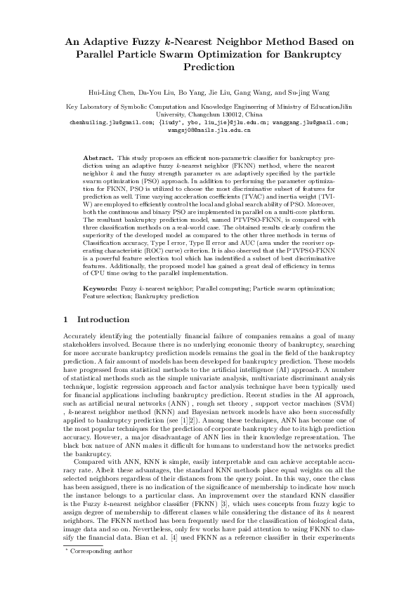 Pdf Adaptive Fuzzy K Nn With Pso For Bankruptcy Prediction 