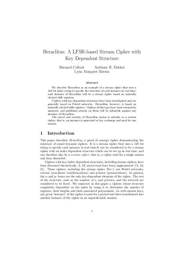 (PDF) Heraclitus: A LFSR-based stream cipher with key dependent structure