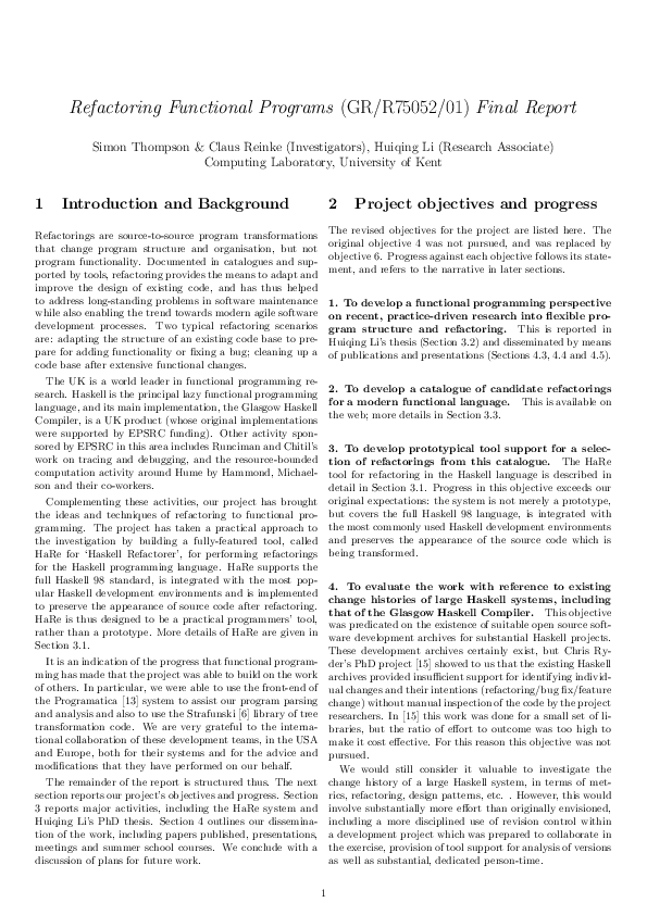 (PDF) Refactoring Functional Programs (GR/R75052/01) Final Report